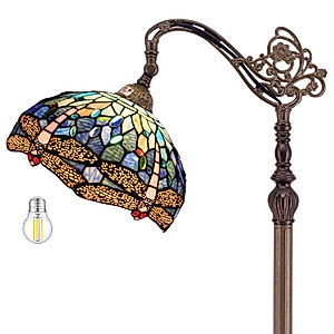WERFACTORY Tiffany Floor Lamp Blue Stained Glass Dragonfly Arched Lamp 12X18X64 Inches Gooseneck Adjustable Corner Standing Reading Light Decor Bedroom Living Room S631 Series