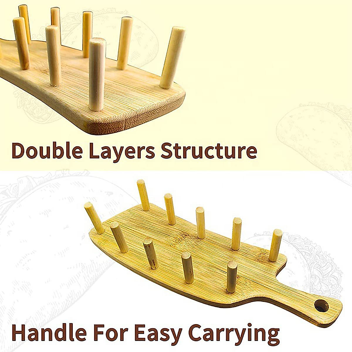 YYRZZ Taco Holders Stand, Natural Bamboo Taco Plates Rack Holds 8 Soft or Hard Shell, Wooden Taco Tray for a Party, Tortillas, Burritos, Home, Parties (2)