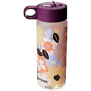 Pyrex 24-Oz Color Changing Water Bottle with Flip-Top Lid, Leakproof and Textured Glass Reusable, Eco-Friendly, BPA-Free Silicone Coating, Happy Floral