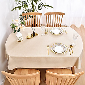 Wolkemer Faux Linen Oval Tablecloth Heavy Duty Wrinkle Resistant Fabric Table Cloths 60 x 84 Inch Beige Farmhouse Rustic Table Cover for Kitchen Dining Indoor Outdoor Tabletop Decoration