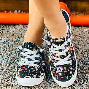 Halloween Shoes for Women Halloween Sneakers Pumpkin Shoes for Women Skeleton Shoes Casual Fashion Skull Head Print Lace Up Low Top Loafers Comfortable Walking Shoes