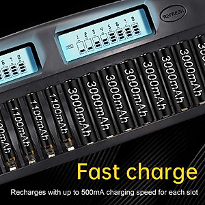 Tenberly 16 Bay Smart LCD Battery Charger for AA AAA 1.2V NIMH NICD Rechargeable Battery with AC Wall Adapter
