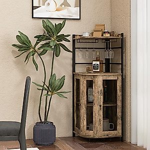 LOKO Corner Wine Bar Cabinet, Industrial Wine Cabinet with Metal Mesh Doors & Adjustable Shelf, Liquor Cabinet with Anti-toppling Device, Rustic Brown, 19 x 19 x 51 Inches (Taupe)