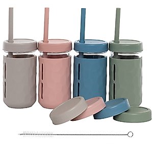 WeeSprout Glass Cups With Lids & Straws, Spill-resistant Cups for Toddlers & Kids, Triple as Toddler Cups, Baby Food Storage & Snack Jars, XL Silicone Straws, Easy-grip Sleeves, Set of four 12 oz jars