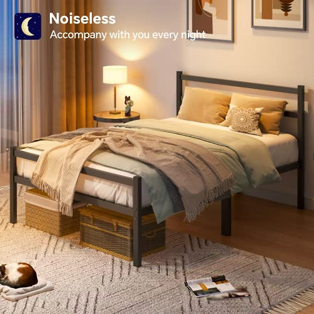 FEMOND Twin Bed Frame with Headboard and Footboard, 14 Inch Metal Bed Frame Platform with Storage, Noise Free, Heavy Duty Steel, No Box Spring Needed, Anti-Slip, Easy Assembly (Max Load: 1000lb)