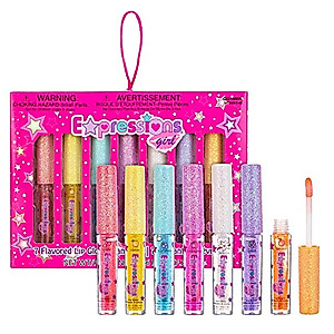 Expressions girl 7pc Fruity Flavored Lip Gloss Set, Long Lasting Glossy Lip Makeup for Kids/Teens - Lip Gloss in Assorted Fruity Flavors, Teen Girls Party Favors, Non Toxic Makeup for Kids