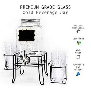 1 Gallon Glass Drink Dispenser | 100% Leakproof Stainless Steel Spigot | Sturdy Metal Stand, Chalkboard, Cup Holder | Great for Outdoor Parties | Perfect for Cold Drinks & Laundry Detergent