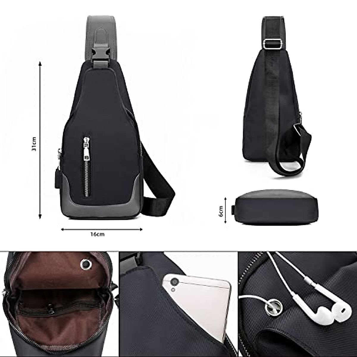 Fenerda Sling Bag for Men Women Shoulder Backpack with USB Charger Port Crossbody Shoulder Chest Bags for Outdoor Hiking, Cycling Camping