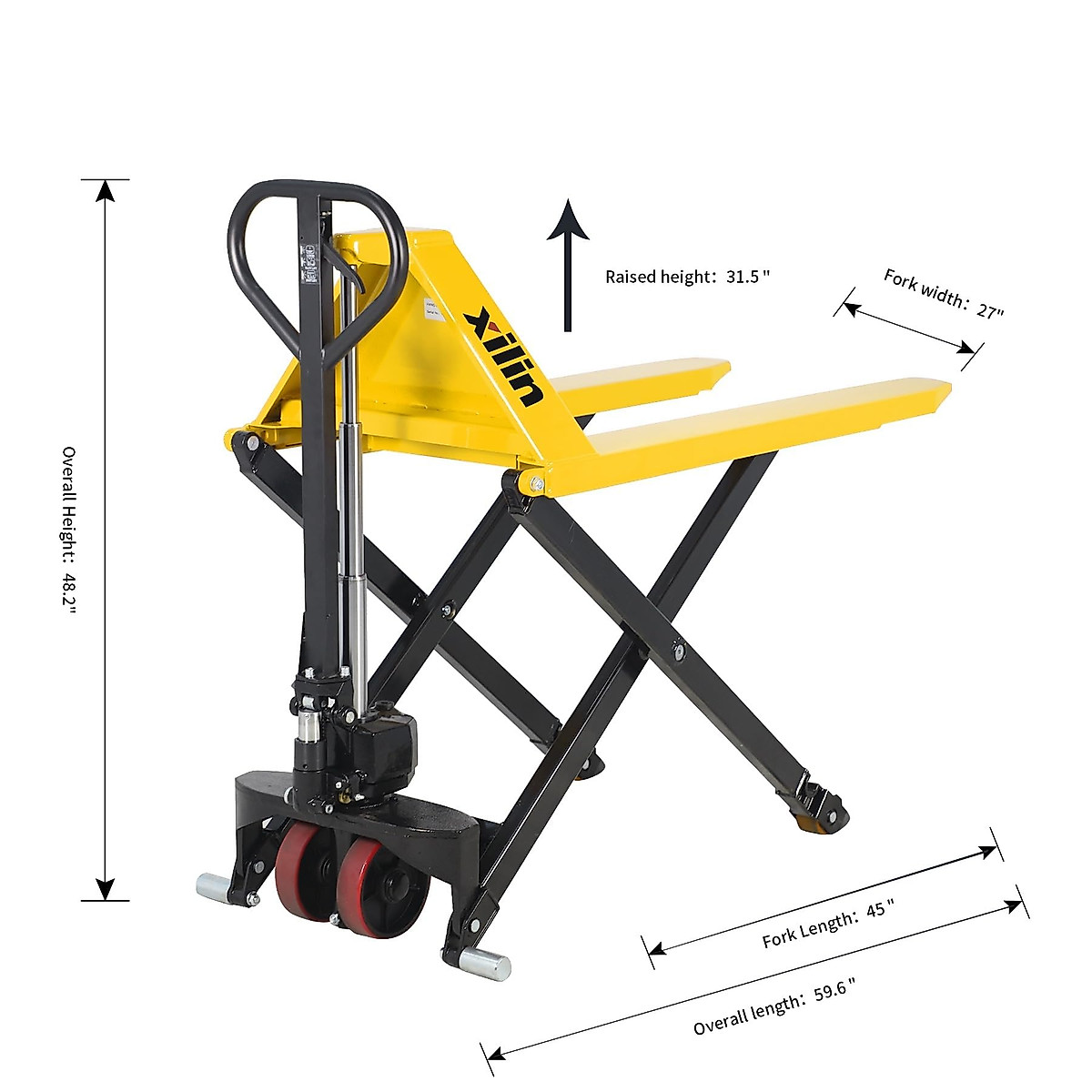 Xilin Manual Pallet Jack High Lift Truck Hand Scissor Pallet Truck 45" Lx27“W 2200lbs Capacity 3.3" Lowered 31.5 Lift Height Suitable for Open Bottom Pallets, JF685