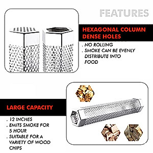SAKIY Smoke Tube for Pellet smoker 12 inches Hexagon Portable BBQ works as a Cold/Hot Smoking fits in all sorts of grill - Stainless Steel Tube, Nonstop 5 hrs. Billowing