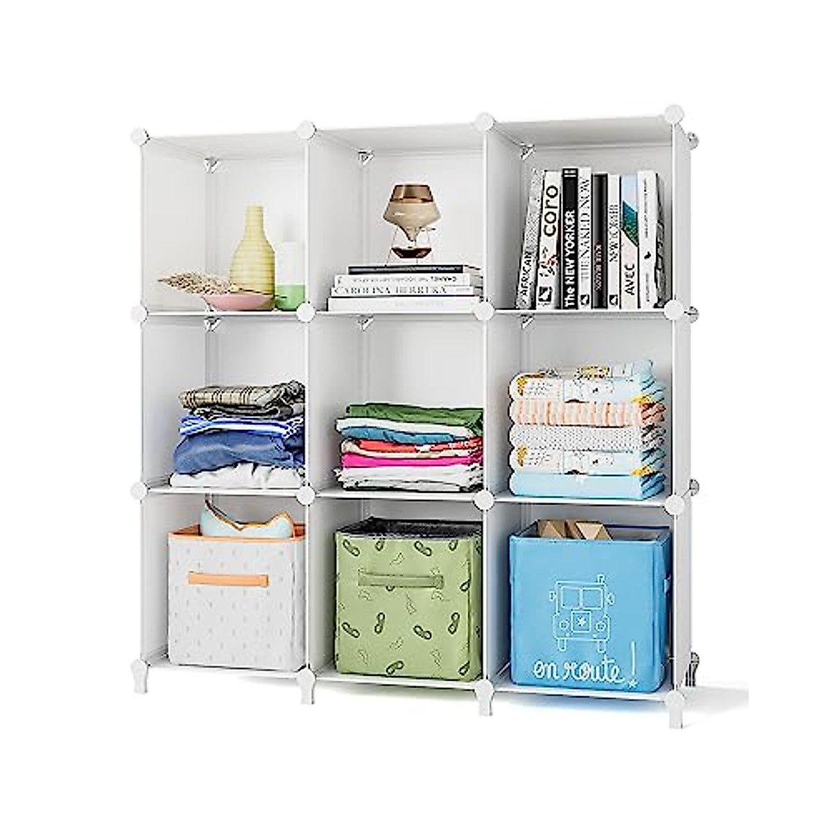 FUNLAX Cube Storage Shelf, 9 Storage Cubes Closet Organizers and Storage Portable Cube Storage Organizer Plastic Bookshelf Bookcase for Study Room, Bedroom, Office, White
