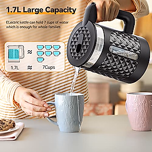 Electric Kettle, 1.7L Hot Water Kettles Upgraded One Wipe Clean Bottom, Quiet Water Boiler with LED Indicator, Glass Tea Kettles for Boiling Water, Auto Shut-Off & Boil-Dry Protection, Black