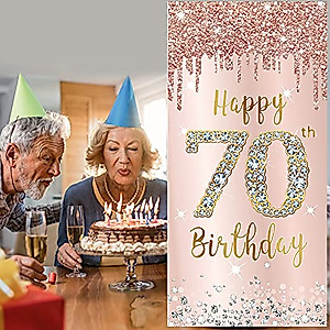 70th Birthday Door Banner Decorations for Women, Pink Rose Gold Happy 70th Birthday Door Cover Backdrop Party Supplies, Large Seventy Year Old Birthday Poster Sign Decor