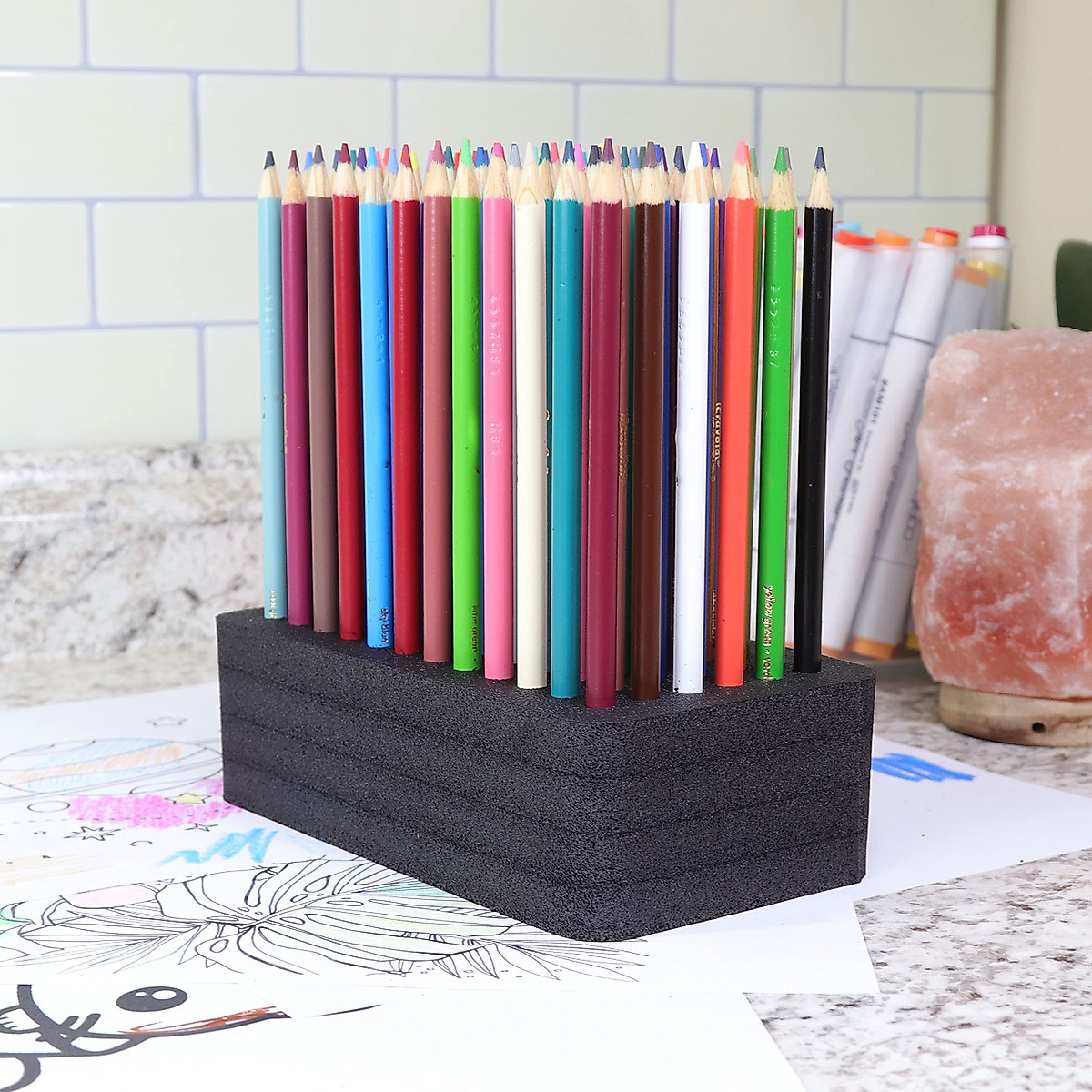 Polar Whale Colored Pencil Desk Stand Organizer Compatible with Crayola and Others Design Storage Tray Supply Non-Scratch Non-Rattle Washable Durable Black Foam Holds 72