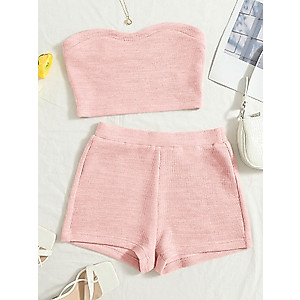 Verdusa Women's 2 Piece Outfit Ribbed Crop Bandeau Tube Top and Biker Track Shorts Sets Light Pink XS