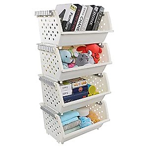 Sosody 4 Tier Plastic Basket Shelf, Large Stackable Pantry Bins