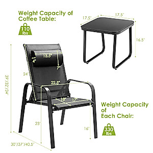 Giantex 3 Pieces Patio Bistro Set, Patio Dining Set for 2, Stackable Patio Chairs with Adjustable Backrest Headrest, Tempered Glass Coffee Table, Outdoor Porch Yard Garden Furniture (Black)