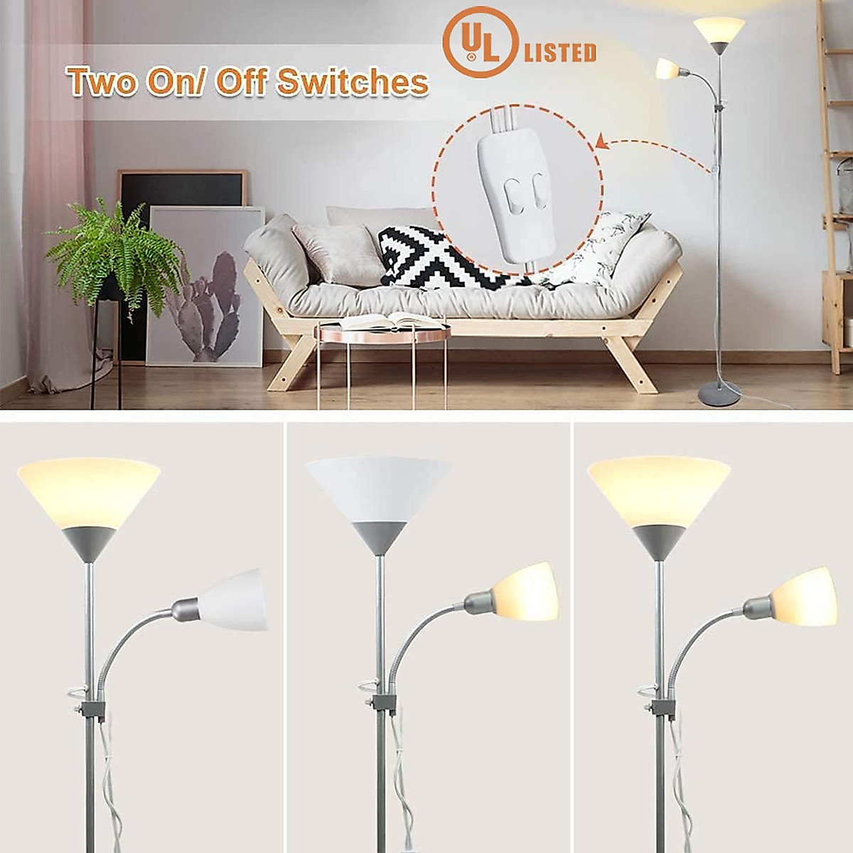 DINGLILIGHTING LED Floor Lamp DLLT Mother-Daughter Floor Lamps with Reading Lights, Modern Standing Pole Light, Torchiere Free Standing Lamp for Living Room, Bedroom, Office (Silver)