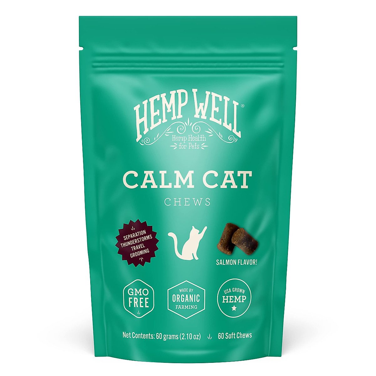 Hemp Well Calm Cat Soft Chews - Anxiety & Stress Relief Formula, Organic Ingredients, Soothes & Relaxes, Improves Behavior, 60 Count
