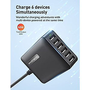 USB Charger Block, Evatronic 60W 12A 6-Port USB Charging Station Desktop USB Charging Hub with Multiple Port Compatible with iPhone 14 13 12 Pro Max Mini 11 X SE iPad Pro Air Galaxy S21 Tablet Black