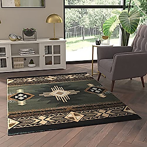 EMMA + OLIVER Santa Fe 5x7 Sage Olefin Accent Rug with Complementary Southwestern Pattern in Beige, Black and Brown and Jute Backing