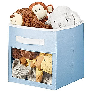 mDesign Fabric Nursery/Playroom Closet Storage Organizer Bin Box, Front Handle/Window for Cube Furniture Shelving Units, Hold Toys, Clothes, Diapers, Bibs, Jane Collection, 8 Pack - Light Blue/White