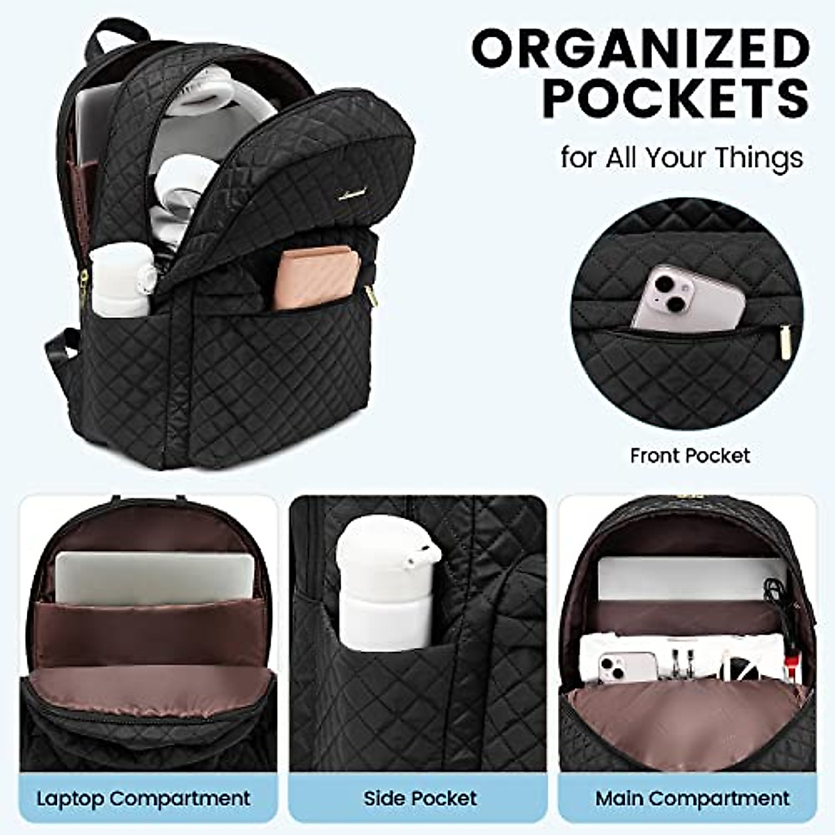 LOVEVOOK Laptop Backpack Purse for Women Quilted Travel Backpack with Dual Computer Compartment Fashion 15.6 Inch Airline Approved Large Teacher Nurse Bag for Work Business College, Black