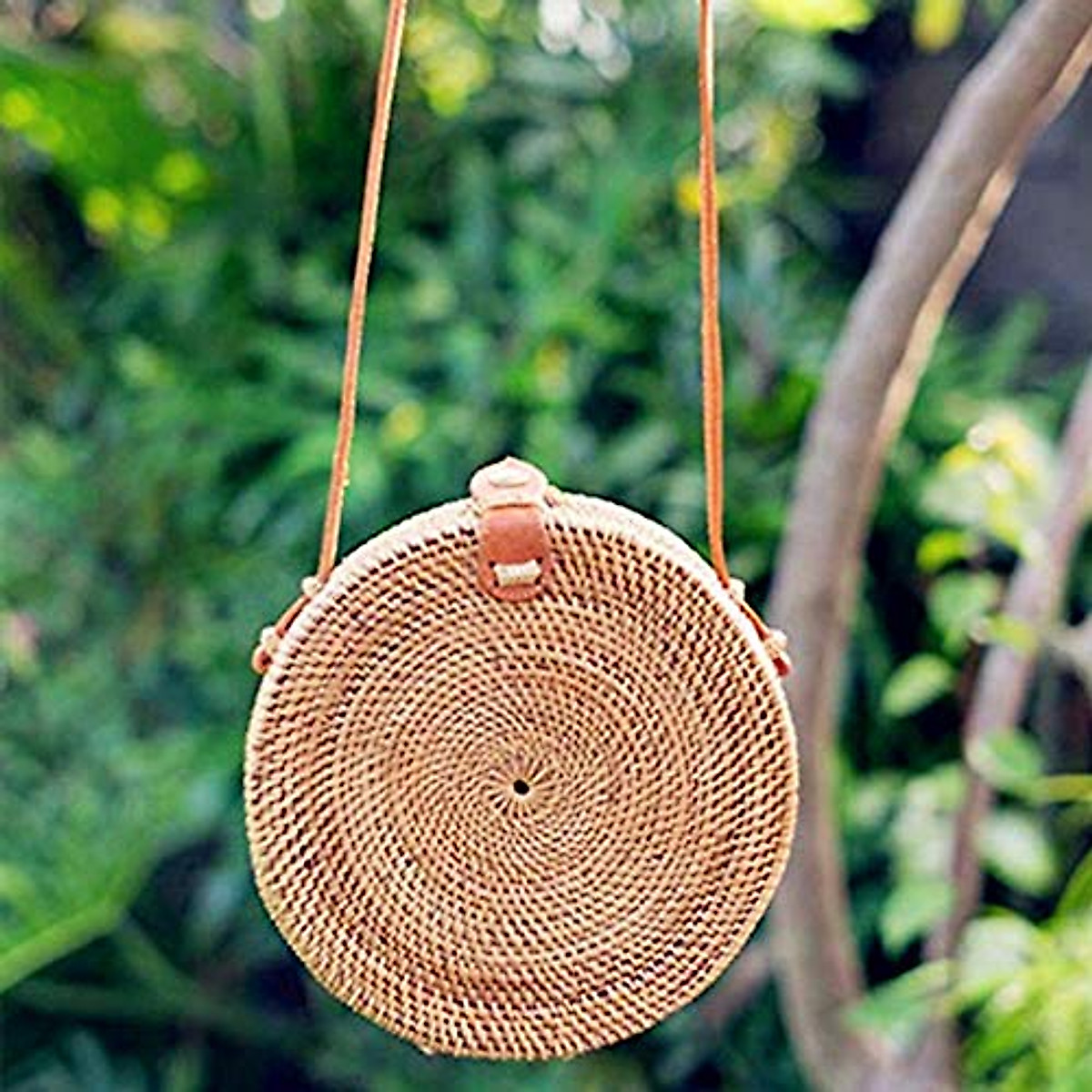 Kbinter Handwoven Round Rattan Straw Bag for Women Shoulder Leather Button Straps Natural Chic Handmade Boho Bag Bali Purse (1 Pack)