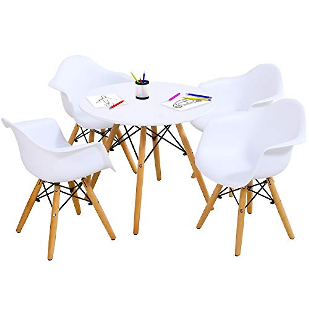 Costzon Kids Table and Chair Set, Mid-Century Modern Style Table Set, Round Table with Armchairs for Toddler Children, Kids Dining Table and Chair Set (White, Table & 4 Chairs)