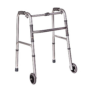 DMI Lightweight Aluminum Folding Walker with Single Release, 5 Inch Wheels, Adjustable Height, No Assembly Needed, Silver, 250 lb Weight Capacity