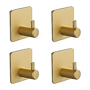 XUANHEY Adhesive Hooks Gold Bathroom Towel Hooks 4 Pack Shower Hooks Heavy Duty Space Aluminium Kitchen Hooks Self Adhesive Wall Hooks for Bathroom Office Kitchen Bedroom Rustproof Waterproof (Gold)