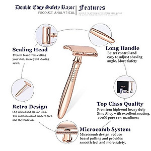 BAILI 3-Piece Double Edge Safety Razor Long Handle Wet Shaving for Men Women with 5 Platinum Blades and Stand Rose Gold BD193G