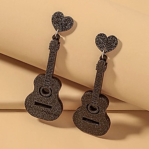 Acrylic Classical Guitar Earrings Retro Renaissance Rock Band Music Guitar Dangle Earrings Punk Style Violin Instrument Drop Earrings Hypoallergenic Lightweight Guitar Earrings for Women (Black)