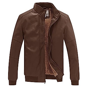 WenVen Men's Stand Collar Fleece Lined Bomber Faux Leather Jacket (Field, M)