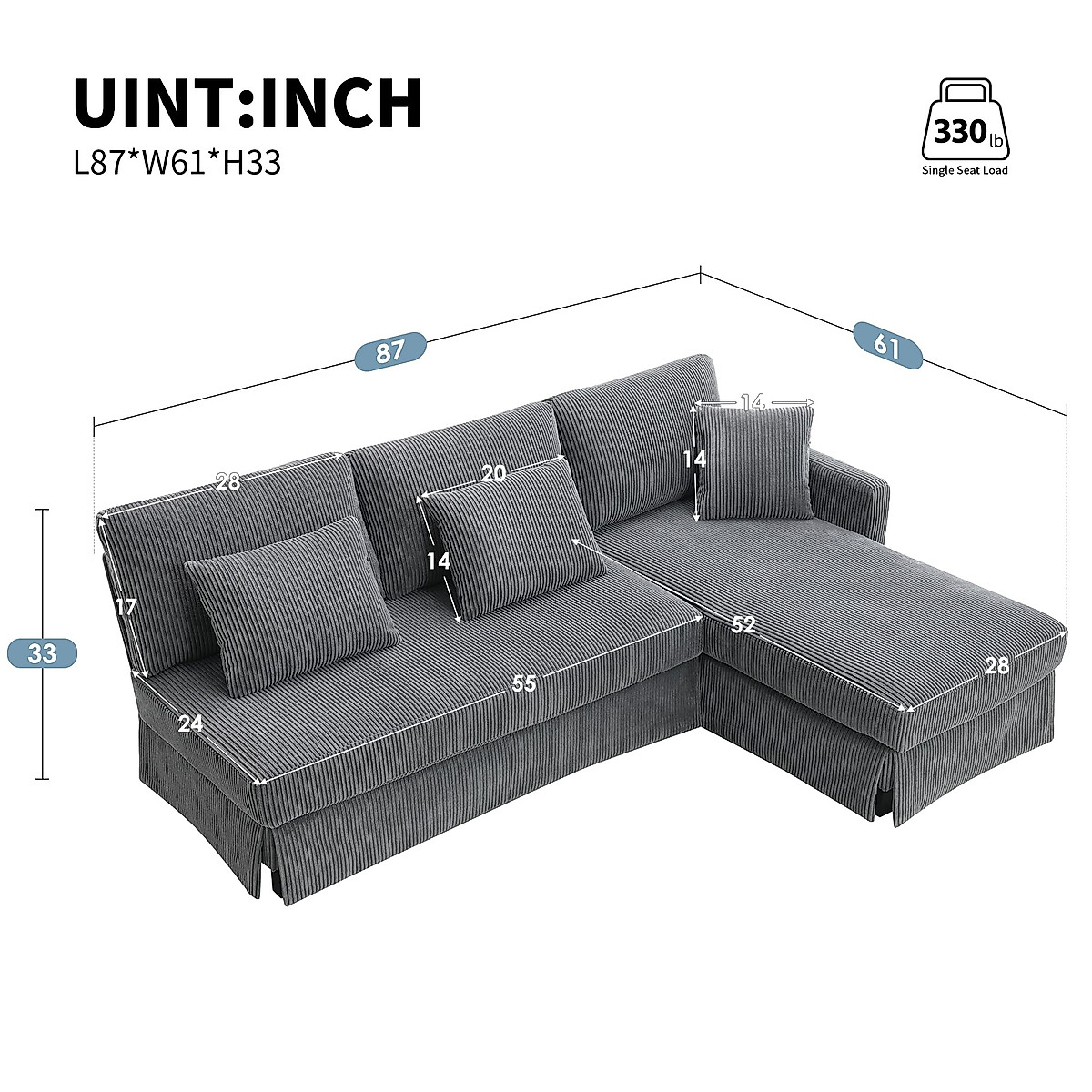 Merax 87" L-Shaped 4-seat Corduroy Sofa with Reversible Chaise, Convertible Sleeper Couch with Pillows, Modern Upholstered Sectional Indoor Furniture for Living Room,Apartment, Gray