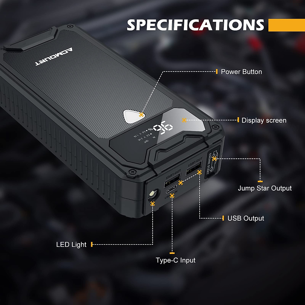 Car Jump Starter Portable, Acmount 1500A Peak Jump Starter Battery Pack for Up to 7L Gas or 6L Diesel Engine, 12V Portable Car Battery Starter with LED Display, USB Quick Charge