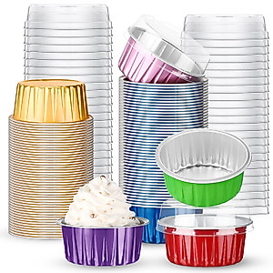 150 Pcs Aluminum Foil Baking Cups with Lids 5 oz Disposable Ramekins for Baking Aluminum Pans Dessert Baking Cups Holders Muffin Tin for Bakery Birthday Wedding Party, 6 Colors