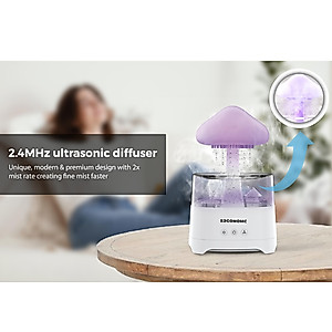 Rain Cloud Humidifier Water Drip, 2X Cool Mist Rate Ultrasonic Aromatherapy Diffuser by Ergonomc: Remote Controlled, 7 Color Night Light, 450ml, Auto Shut Off, Mushroom Humidifier, 1Yr Warranty
