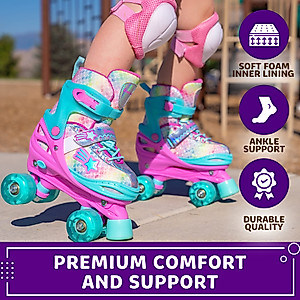 Xino Sports Roller Skates for Girls - Rainbow Light Up Kids Roller Skates Girls, Adjustable Roller Skates with Illuminating LED Wheels, Multicolor Girls Skates (Rainbow, Medium - 1-4)