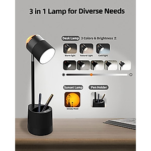 Flymuda LED Desk Lamp with Sunset Lamp, Pen Holder, Led Reading Lamp with 3 Color Modes, 360° Rotation, Battery Operated, Touch Control, Sunset Night Light & Desk Lamp 2 in 1 for Home Office - Black