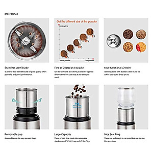 DR MILLS DM-7452 Electric Coffee Grinder,Spice Grinder Electric and chopper,detachable cup,Grinder diswash free, Blade & cup made with SUS304 stianlees steel