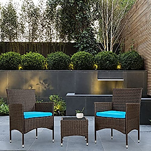 FDW Outdoor Patio Furniture Set，3 Pieces Wicker Bistro Set Outdoor Patio Set Rattan Chair Conversation Sets Patio Sofa Wicker Table Set for Yard Backyard Lawn Porch Poolside Balcony,Blue Cushion