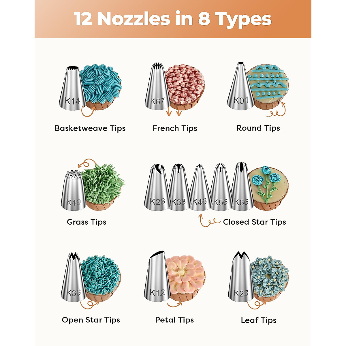 Kootek Cake Decorating Kits Supplies with Cake Turntable, 12 Numbered Cake Decorating Tips, 2 Icing Spatula, 3 Icing Smoother, 2 Silicone Piping Bag, 50 Disposable Pastry Bags and 1 Coupler