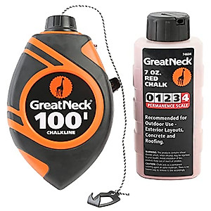 Great Neck 74602 6 To 1 Chalk Reel with Red Chalk, Retractable Chalk Line and Chalk Refill Bottle, Plumb Line Chalk Kit, Straight Line Tool