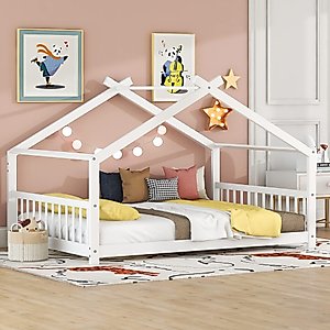 Full House Beds White Montessori Bed Wood Frame Kids Platform Bed with Headboard & Footboard for Children Boys Girls Teens