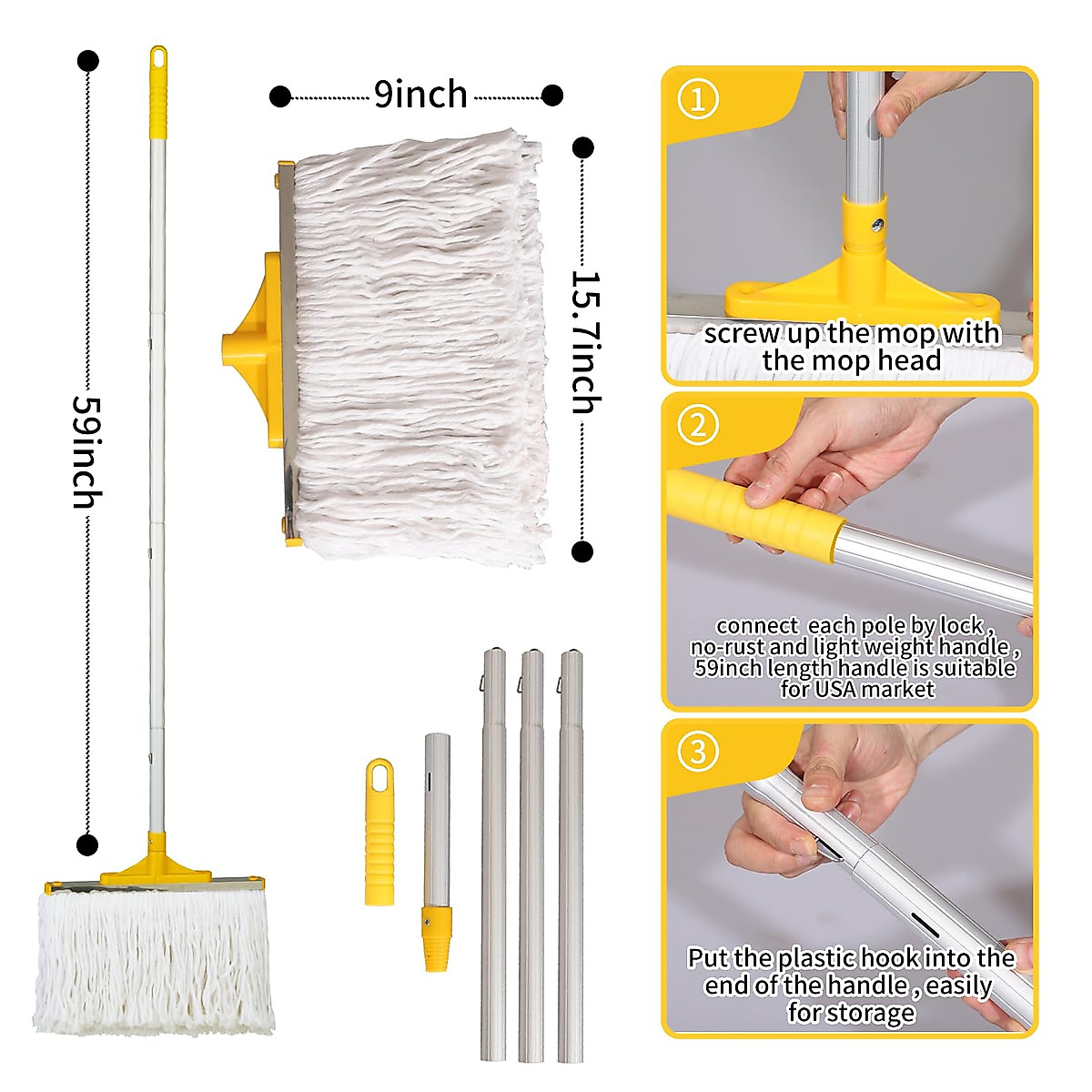 Commercial Industrial Mop for Floor Cleaning, String Wet Mop Heavy Duty Cotton Mop ,59inch Handle ,Add Extra One Mop Head