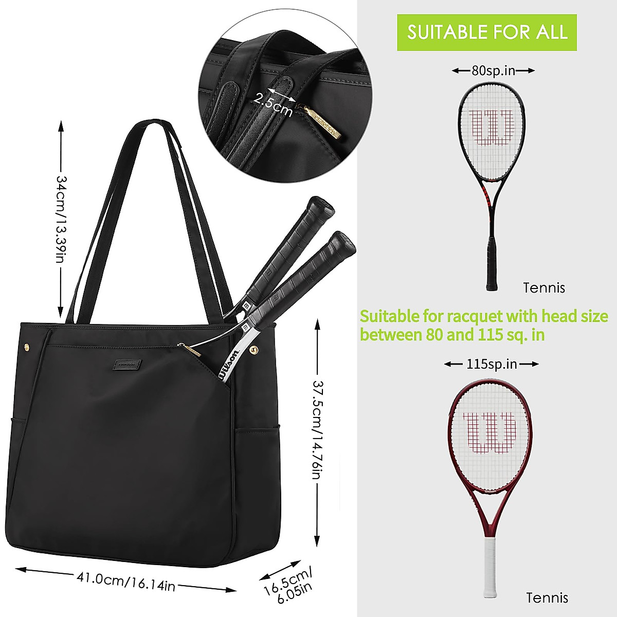 CHICECO Tennis Tote Bag for Women, Large Tennis Racket Bag, tennis bag 2 rackets,Pickleball Bag,Padel Bag,Black (Black)