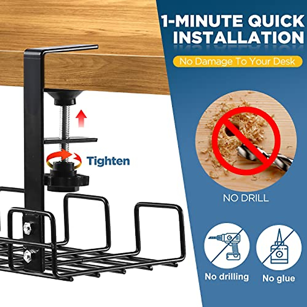 Effortless Cable Management Under Desk - No Drill Cord Organizer Tray for Home and Office PCs - Desk Cable Management Rack with No Damage to Desk (2packs)