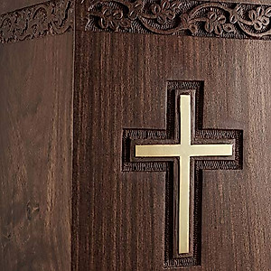 Reminded Rosewood Hand-Carved Urn Box with Solid Brass Cross - Cremation Memorial with Velvet Bag