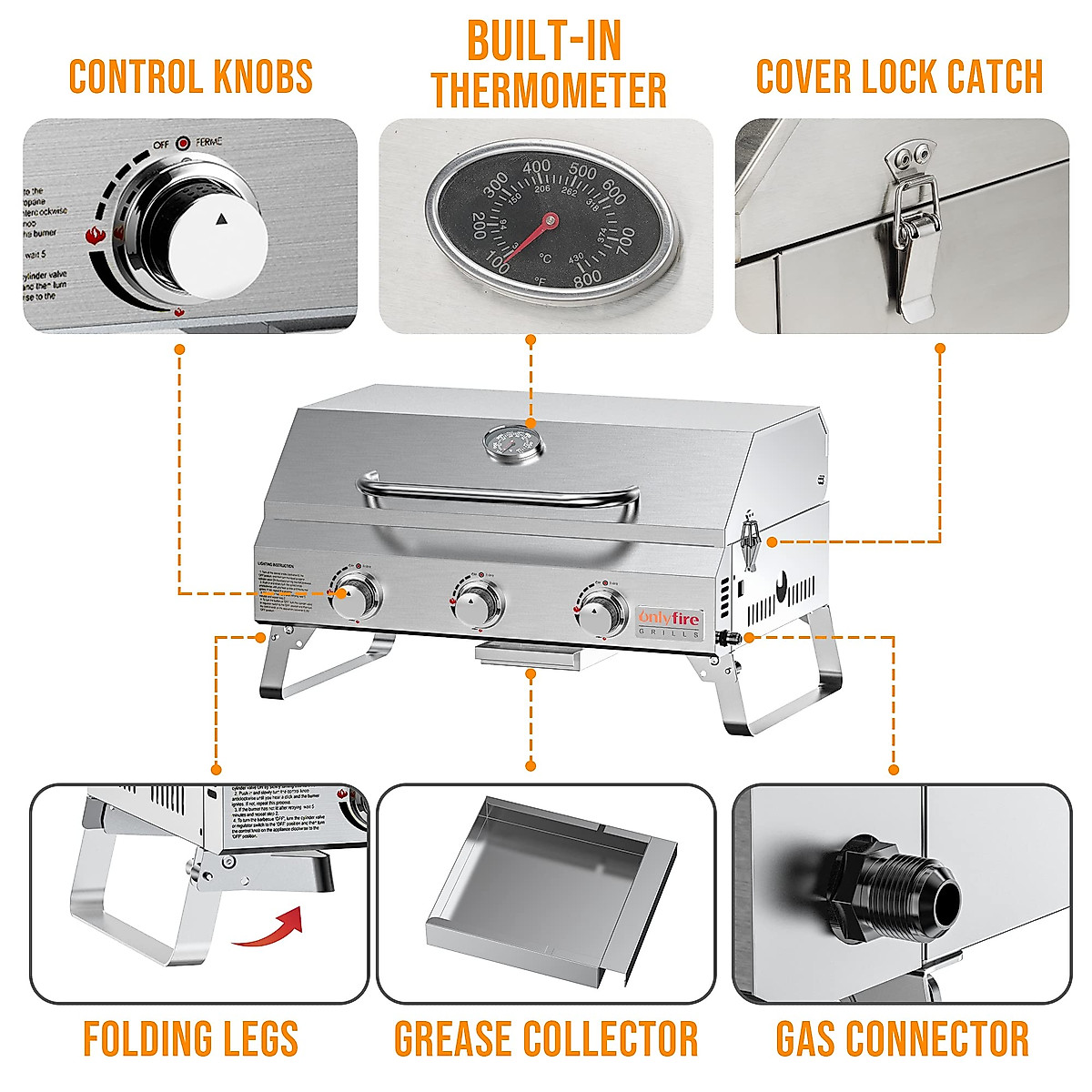 Onlyfire Tabletop Gas Grill 3 Burners, 24" Stainless Steel Portable Propane Grill with Foldable Legs for Outdoor Patio Backyard Camping, Tailgating, RV Trip, Heavy Duty & 24000BTU, GS307